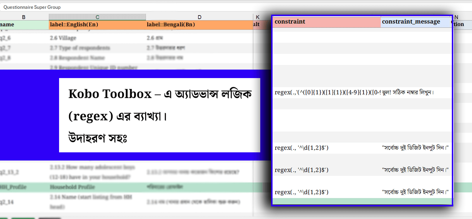 Kobo Toolbox - এ অ্যাডভান্স লজিক(regex) এর ব্যাখ্যা। উদাহরণ সহঃ